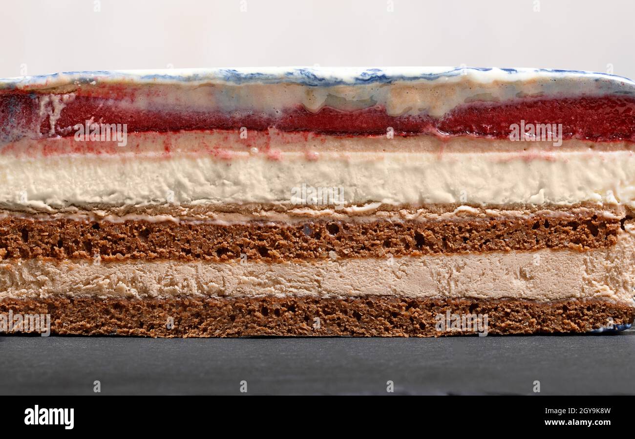 Cross-section mousse cake with berry, biscuit mousse and cream layers ...