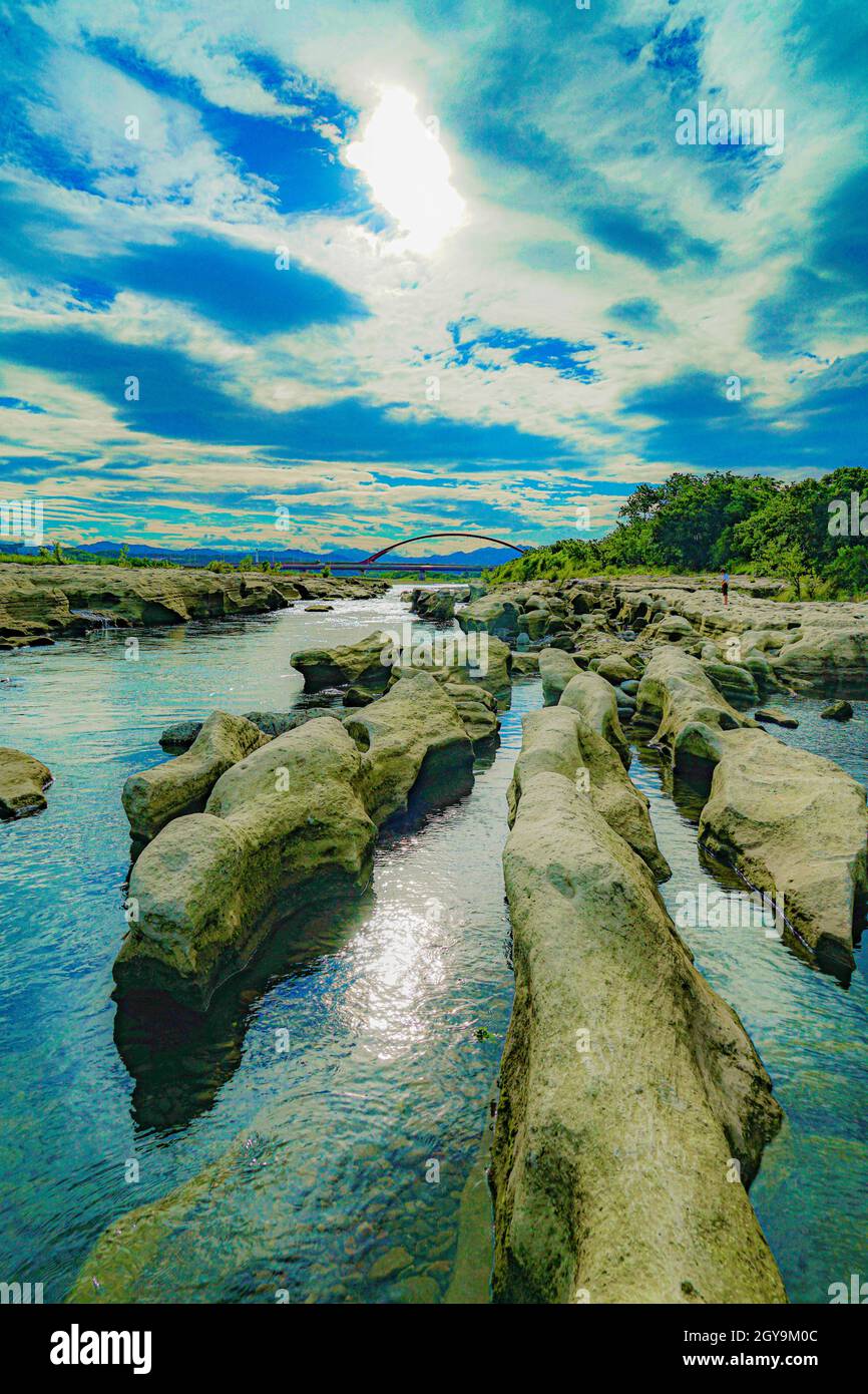 Rock formations band of Tama River (Tokyo Akishima). Shooting Location ...