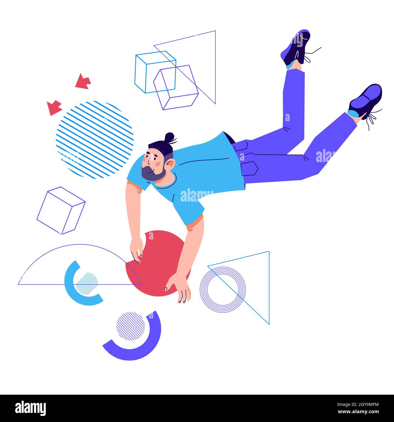 Creative image of business process with man flying among abstract ...