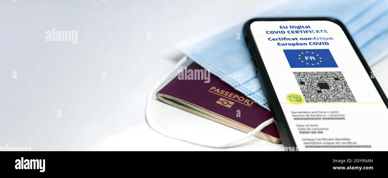 French EU Digital COVID Certificate with the QR code. Translation from ...