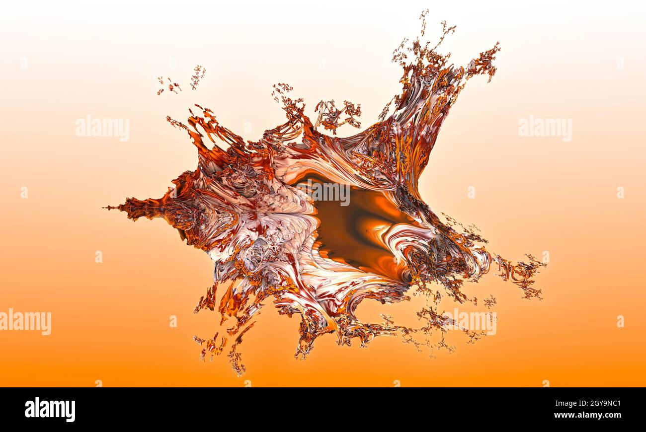 Abstract 3d rendering of chaotic liquid in empty space. Background with ...