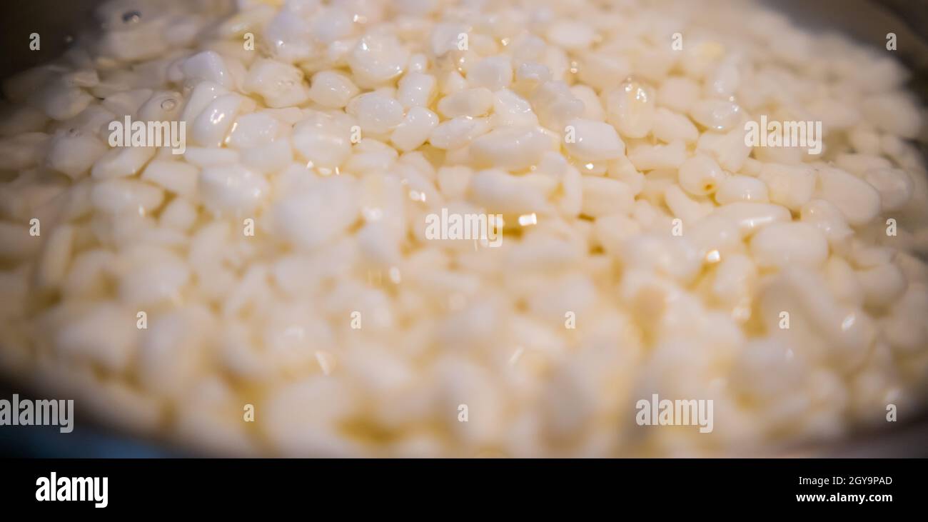 Uncooked corn kernels and water in cooking pot Stock Photo - Alamy