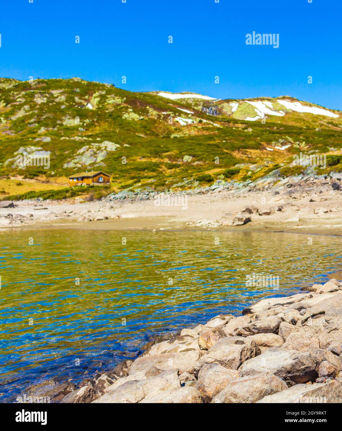 Amazing Vavatn lake panorama rough landscape view rocks boulders and ...
