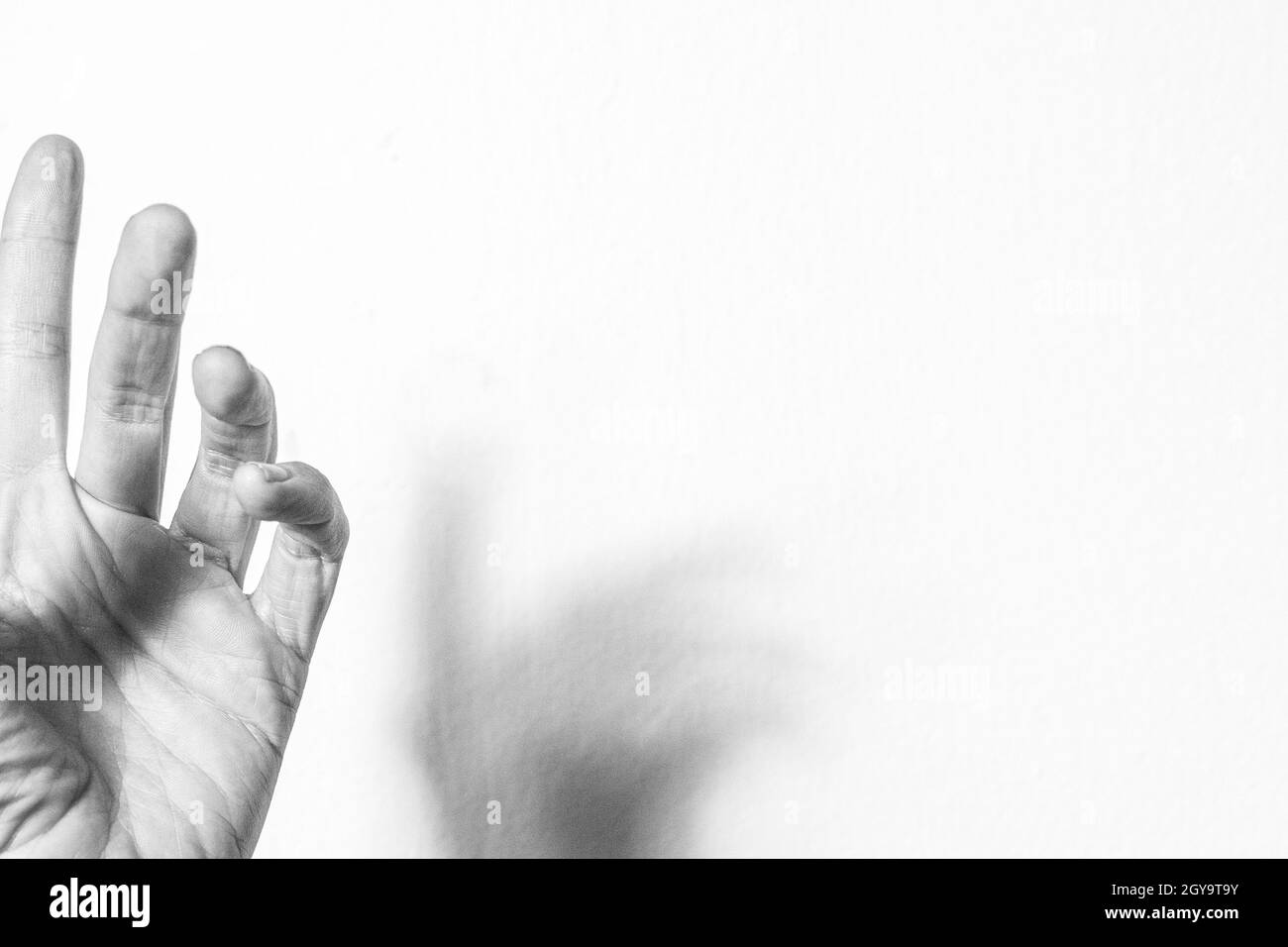 Grayscale of a hand with a shadow on a white wall Stock Photo - Alamy