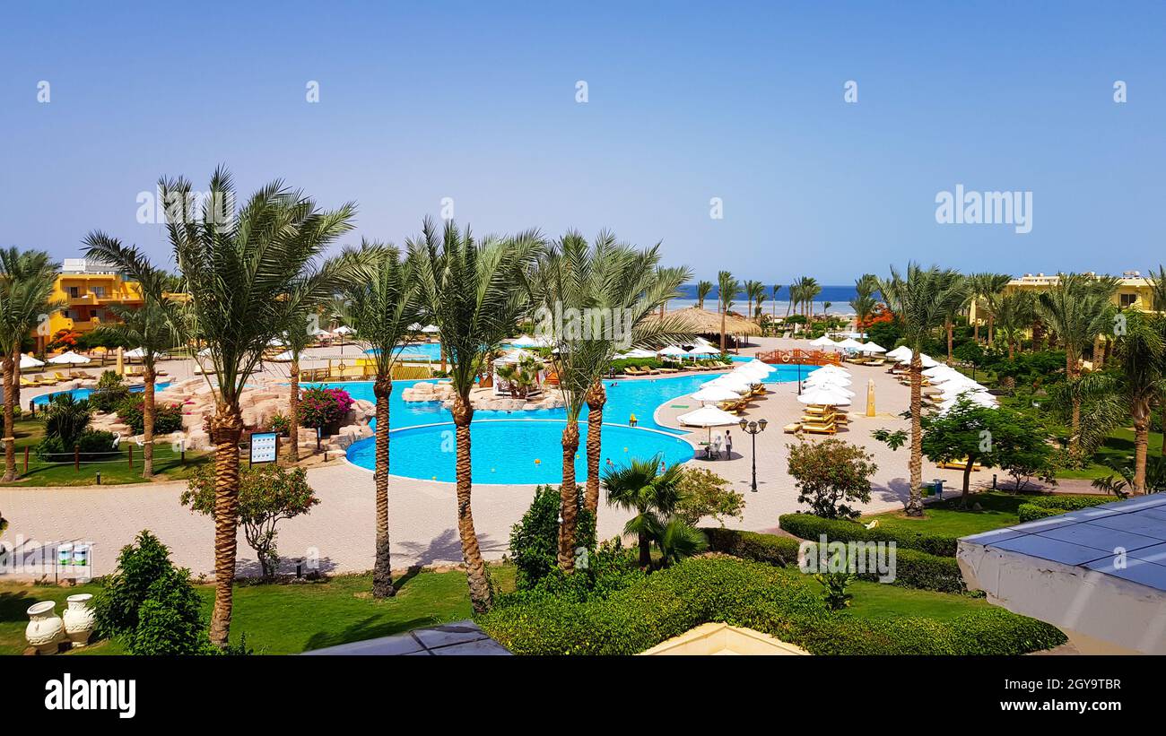 Sharm El Sheikh, Egypt - July 13, 2019: main pool and Amway territory ...