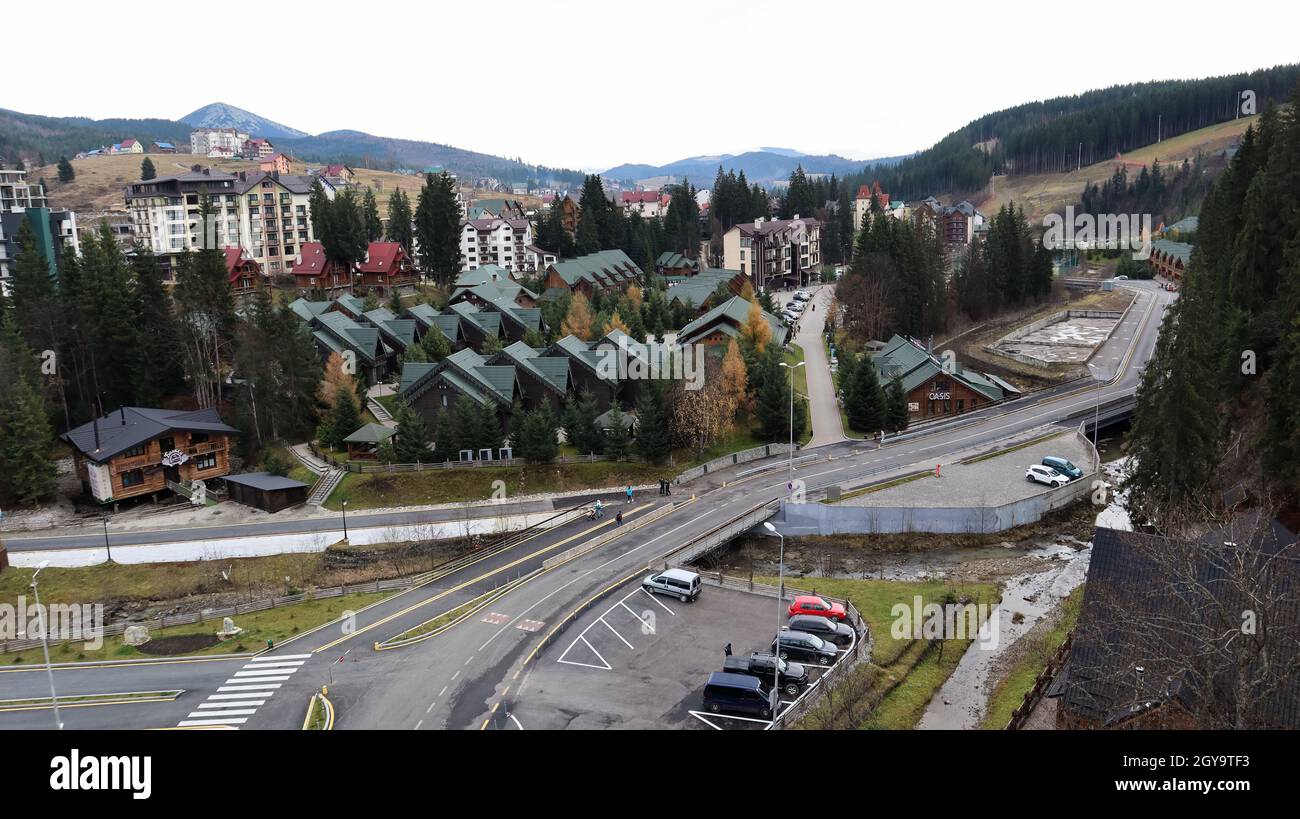 Bukovel ski resort in autumn aerial view. View of hotel houses in the ...