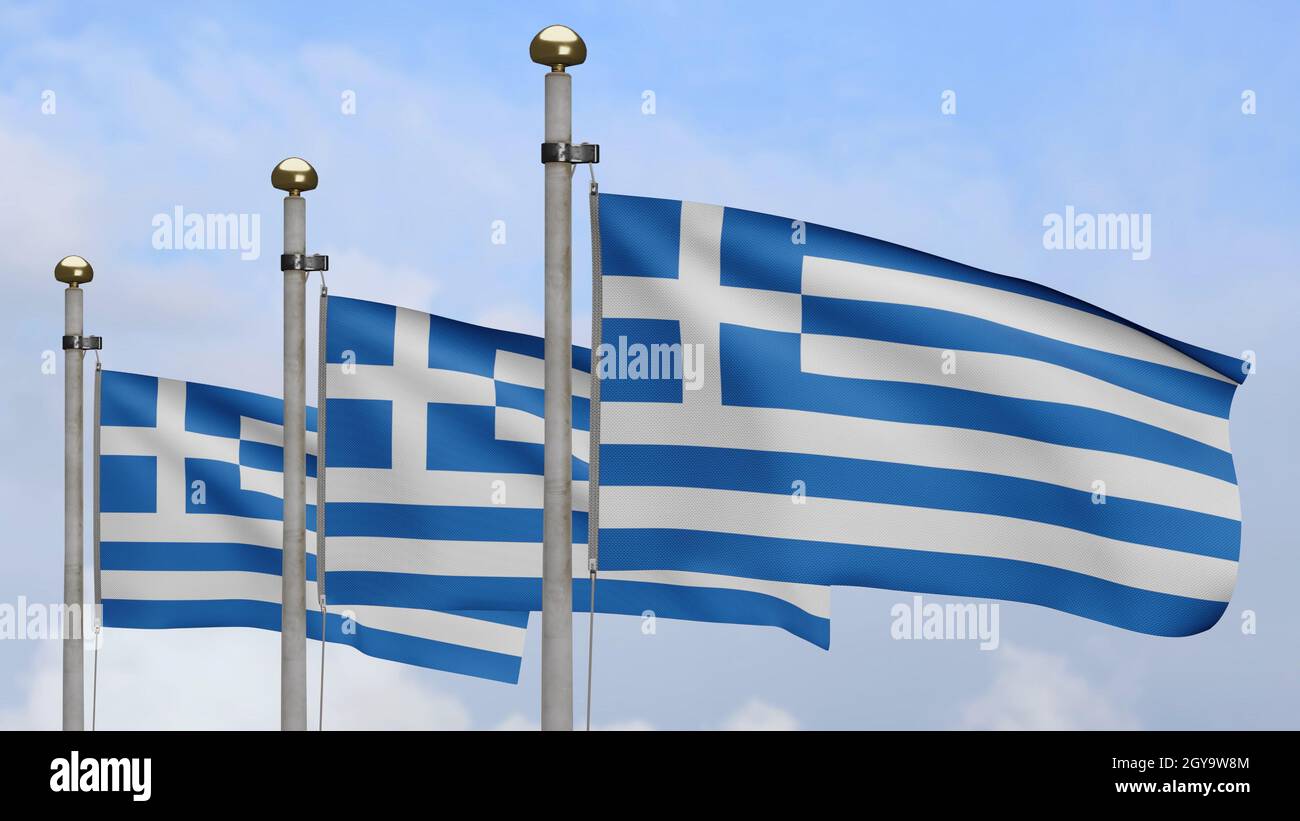 3D, Greek flag waving on wind with blue sky and clouds. Close up of ...