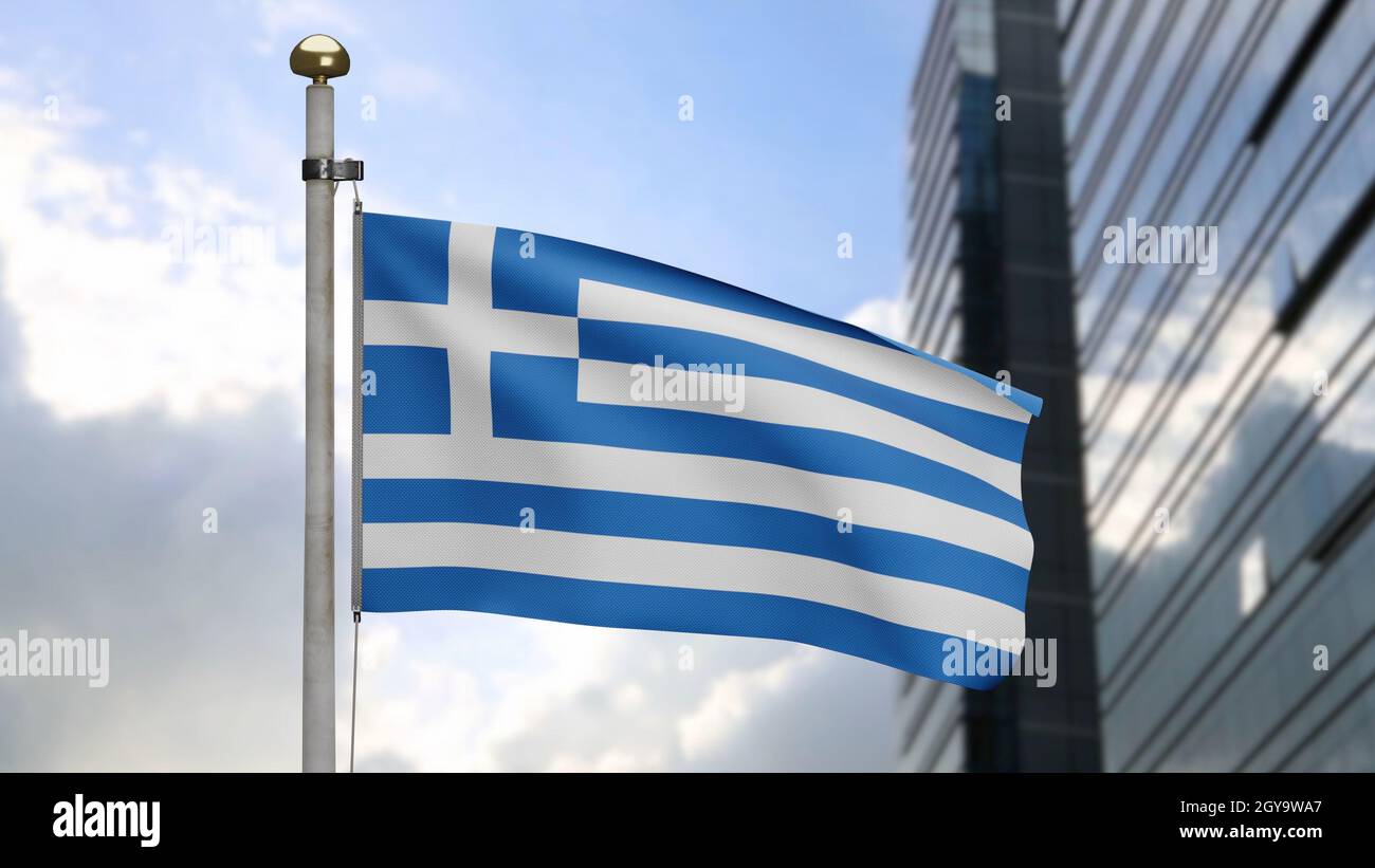 3D, Greek flag waving on wind with modern skyscraper city. Greece ...