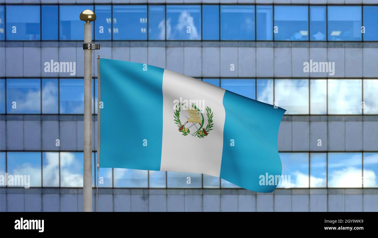 3D, Guatemalan flag waving on wind with modern skyscraper city. Close ...