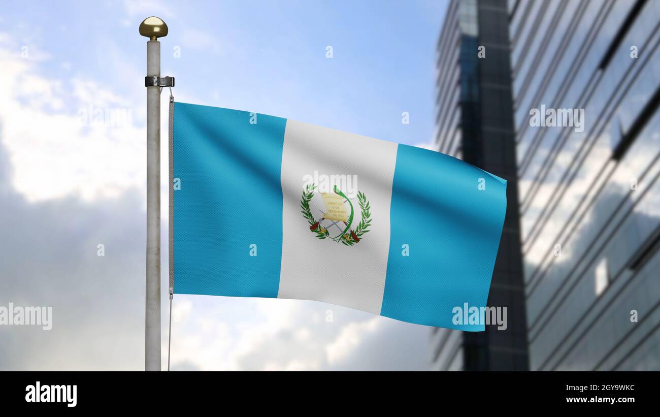 3D, Guatemalan flag waving on wind with modern skyscraper city ...
