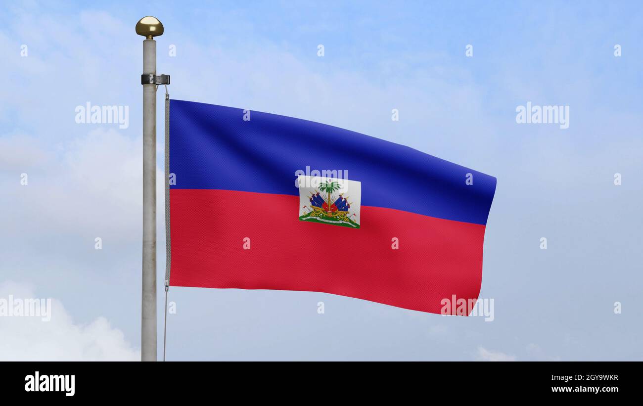 3D, Haitian flag waving on wind with blue sky and clouds. Haiti banner ...