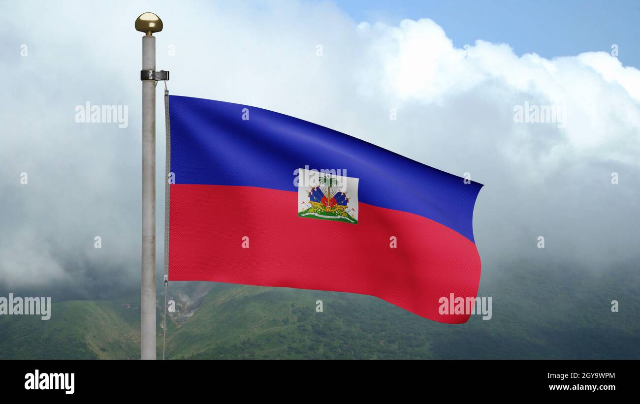 3D, Haitian flag waving on wind at mountain. Haiti banner blowing, soft ...