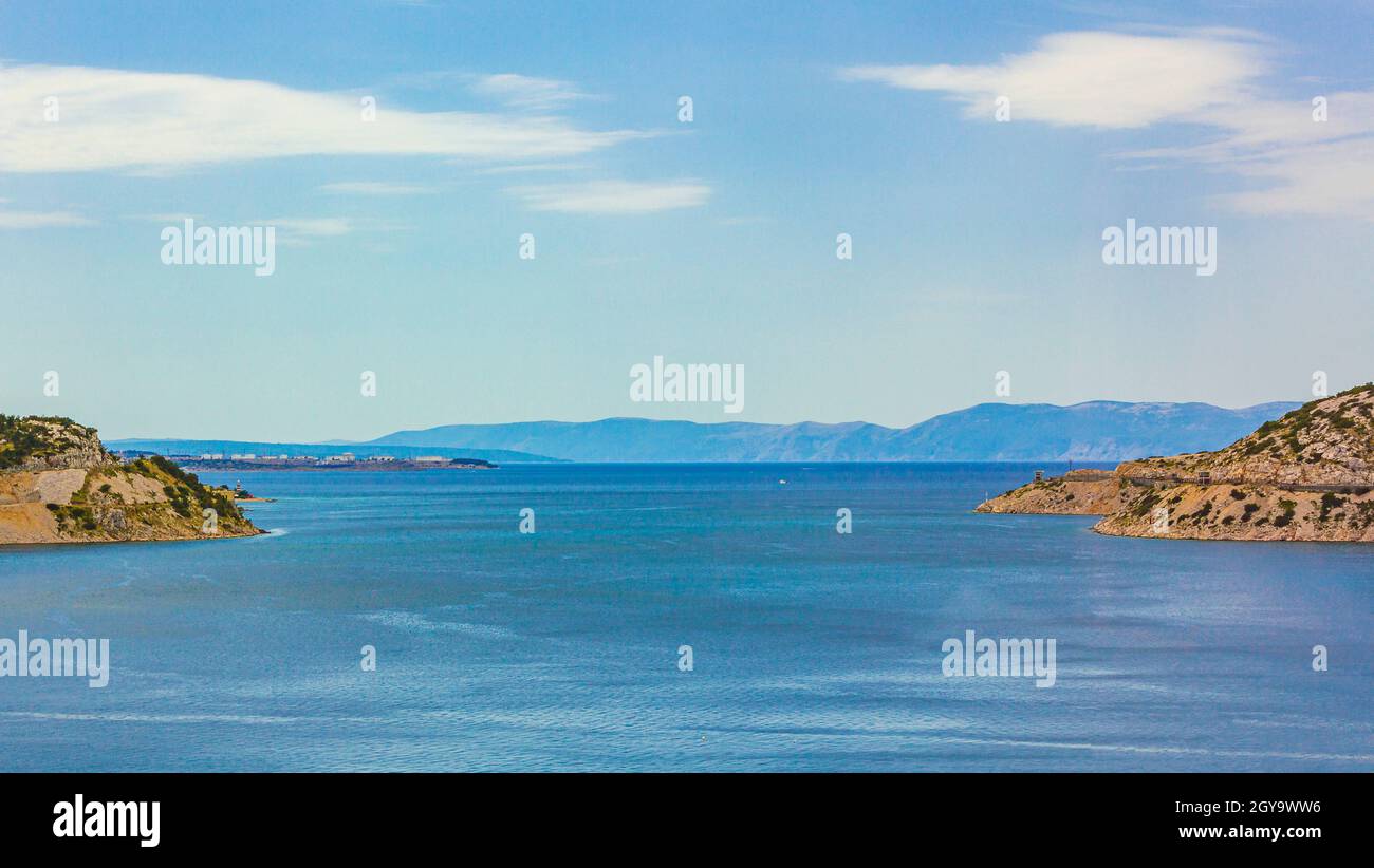 The blue bay and port of Bakarski zaliv in Bakar Croatia Stock Photo ...