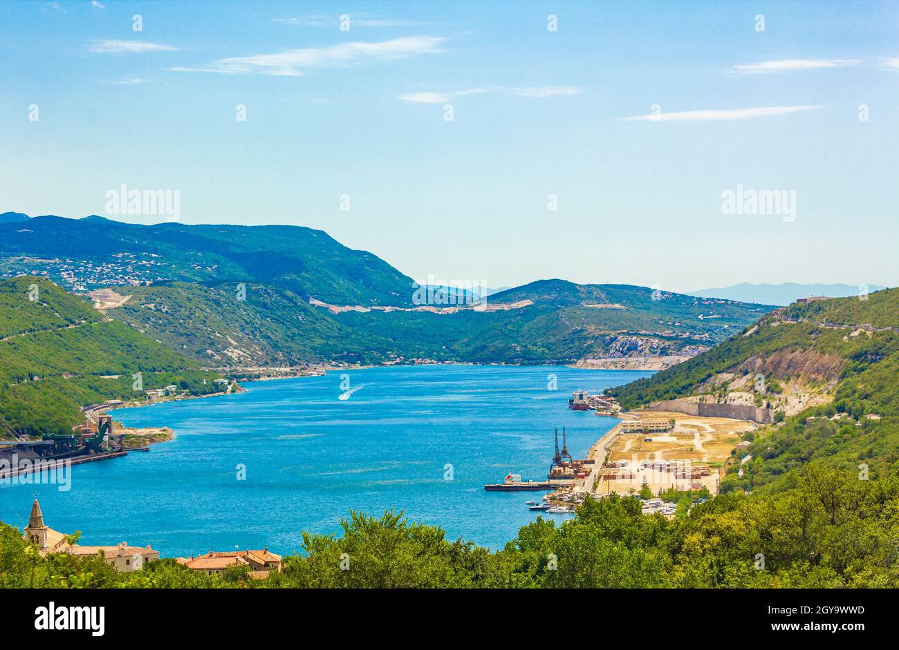 The blue bay and port of Bakarski zaliv in Bakar Croatia Stock Photo ...