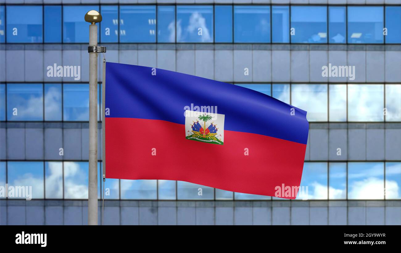 3D, Haitian flag waving on wind with modern skyscraper city. Close up ...
