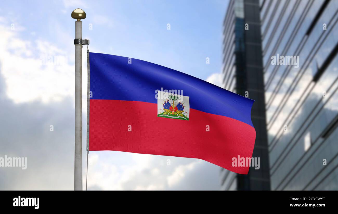 3D, Haitian flag waving on wind with modern skyscraper city. Haiti ...