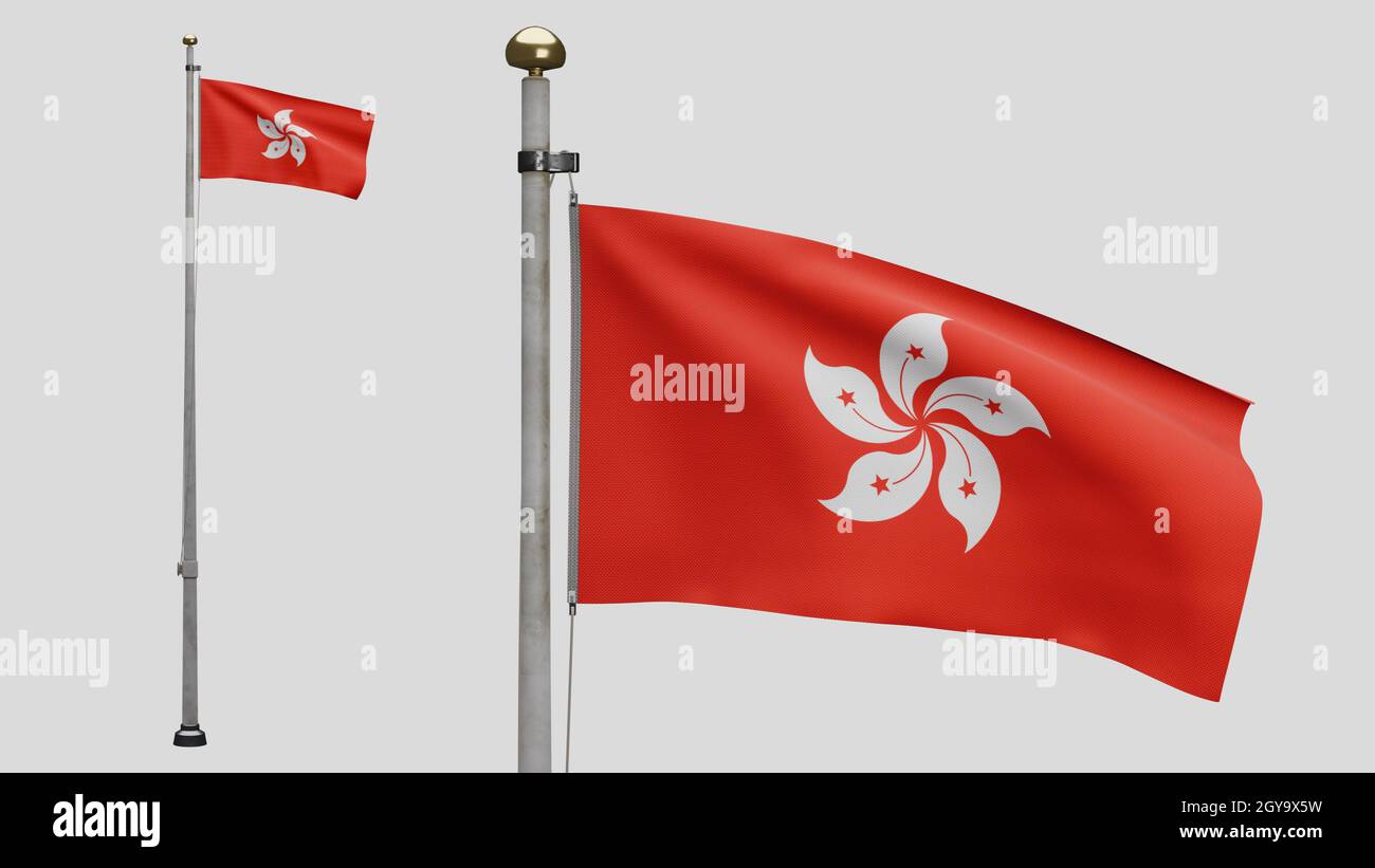 3D, Hongkong flag waving on wind. Close up of Hong Kong banner blowing ...