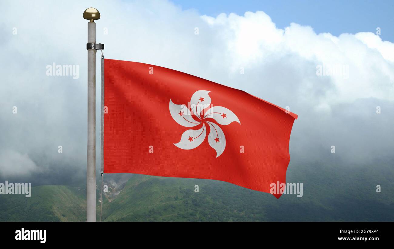 3D, Hongkong flag waving on wind at mountain. Hong Kong banner blowing ...