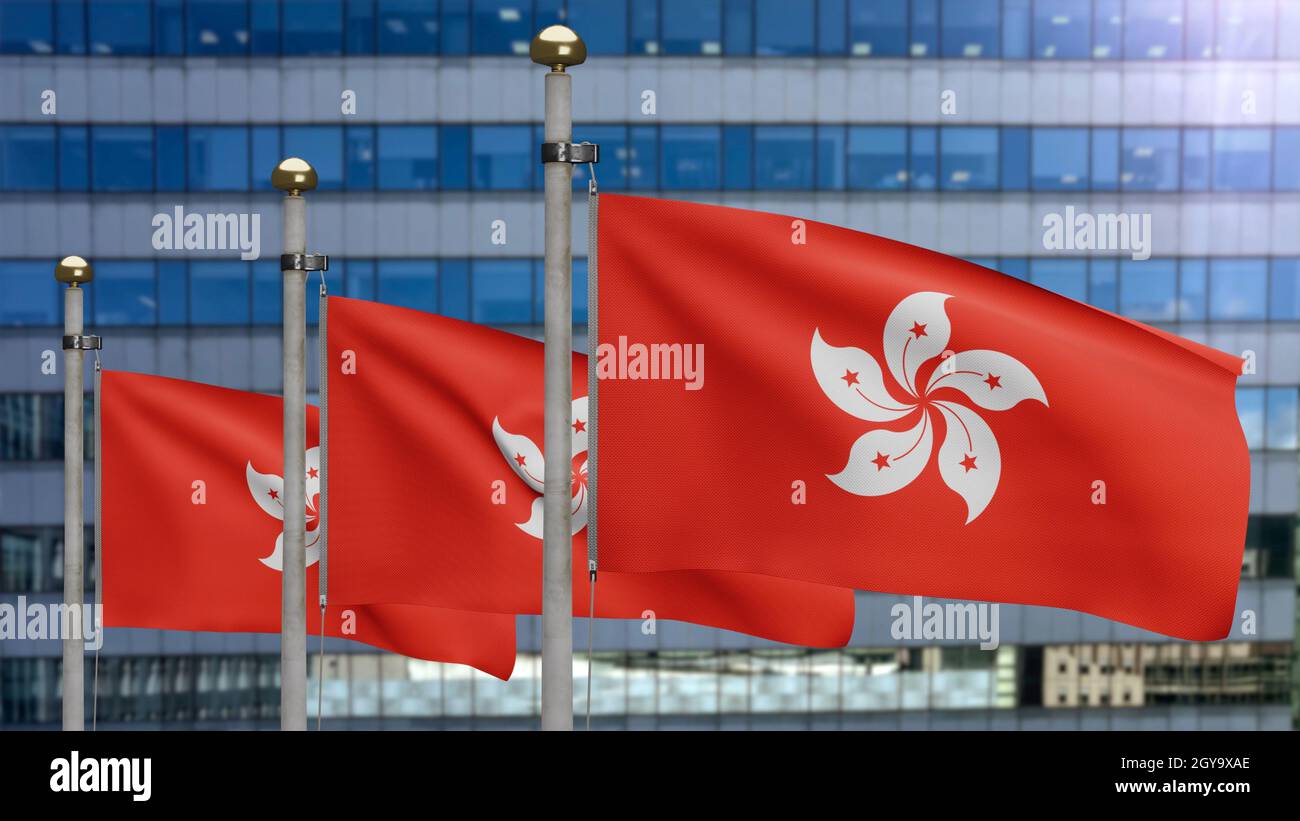 3D, Hongkong flag waving on wind with modern skyscraper city. Hong Kong ...