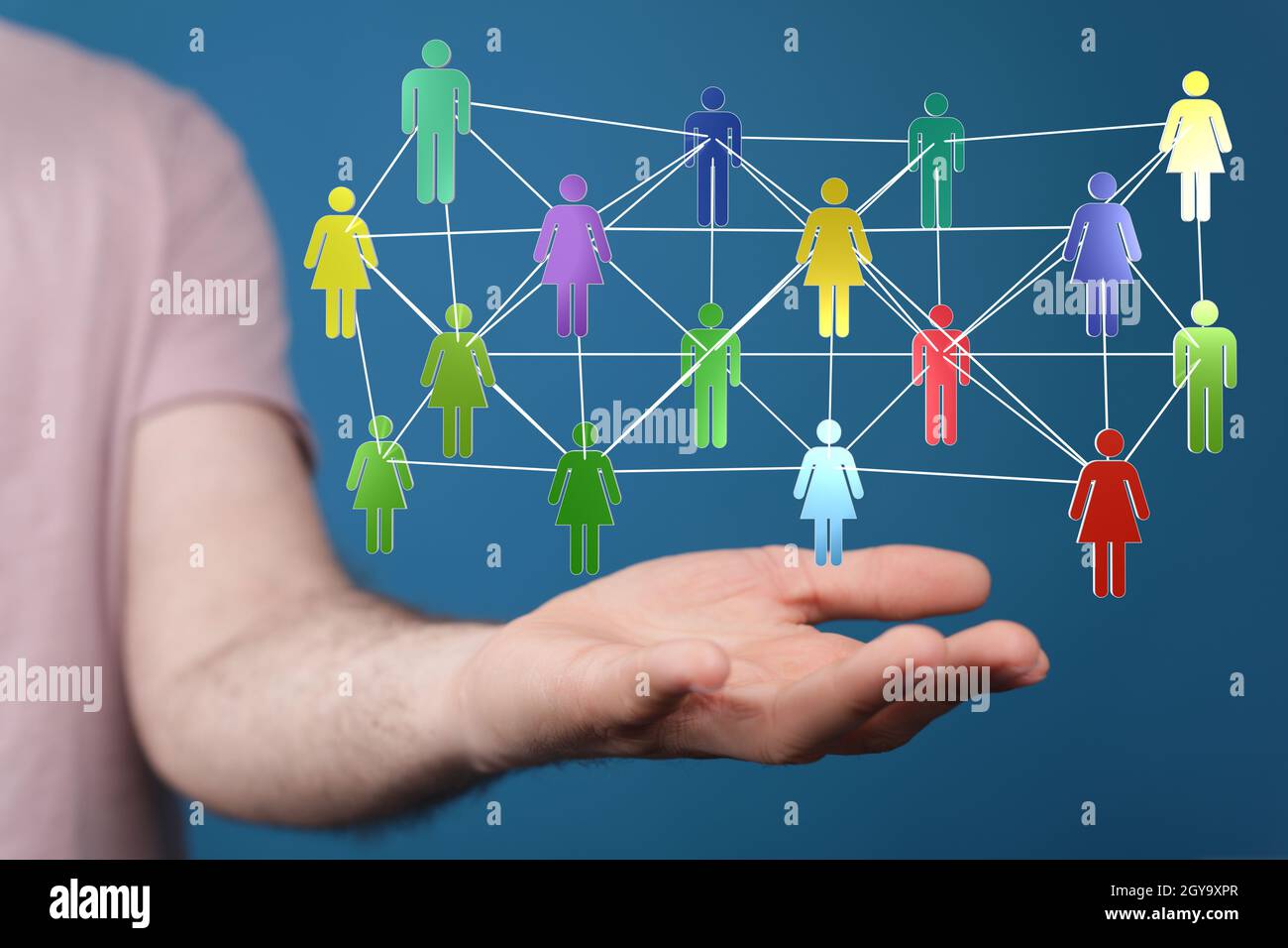 Conceptual wallpaper with floating icons and a person in the background ...