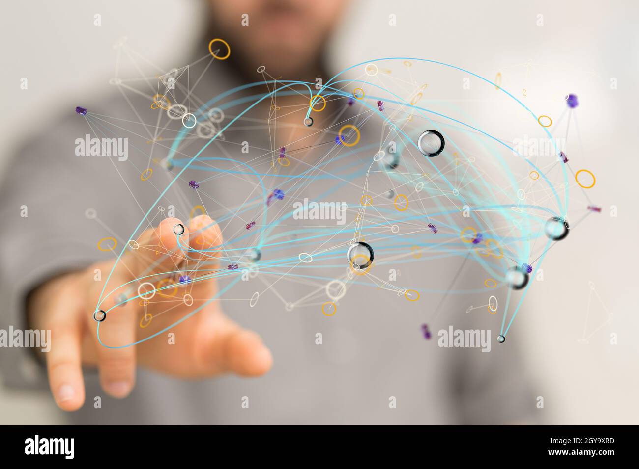 Conceptual wallpaper with floating icons and a person in the background ...