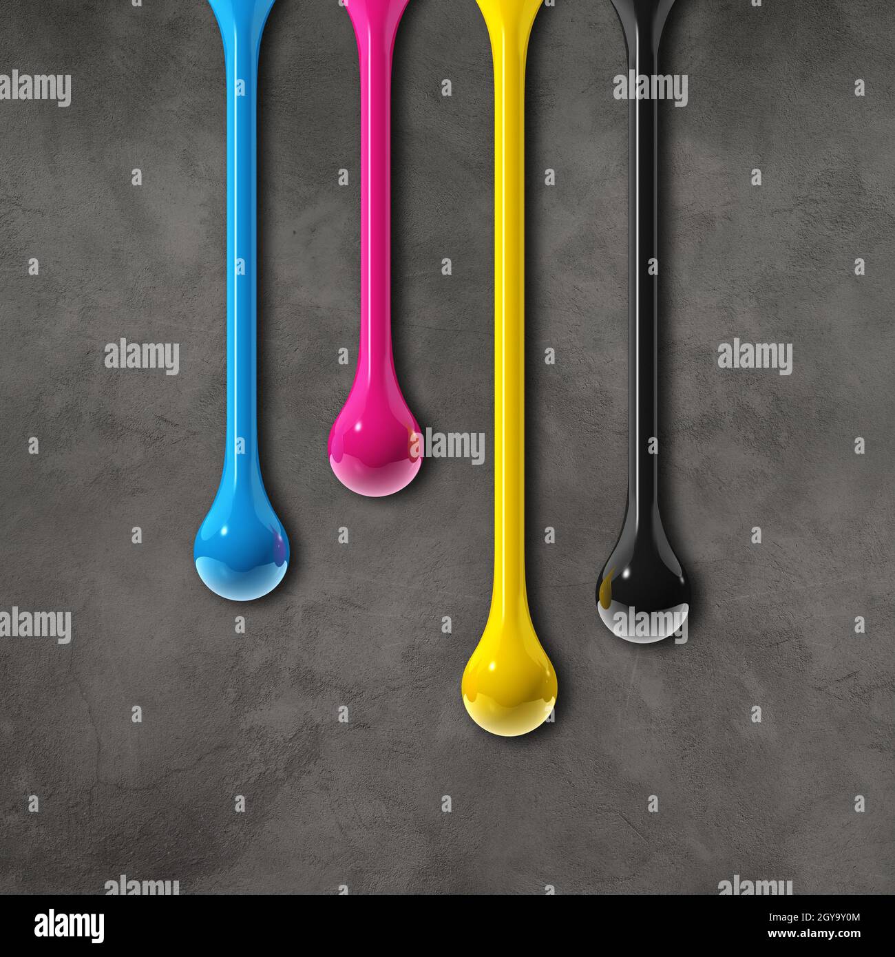 3D cmyk ink drops isolated on dark concrete background. square ...