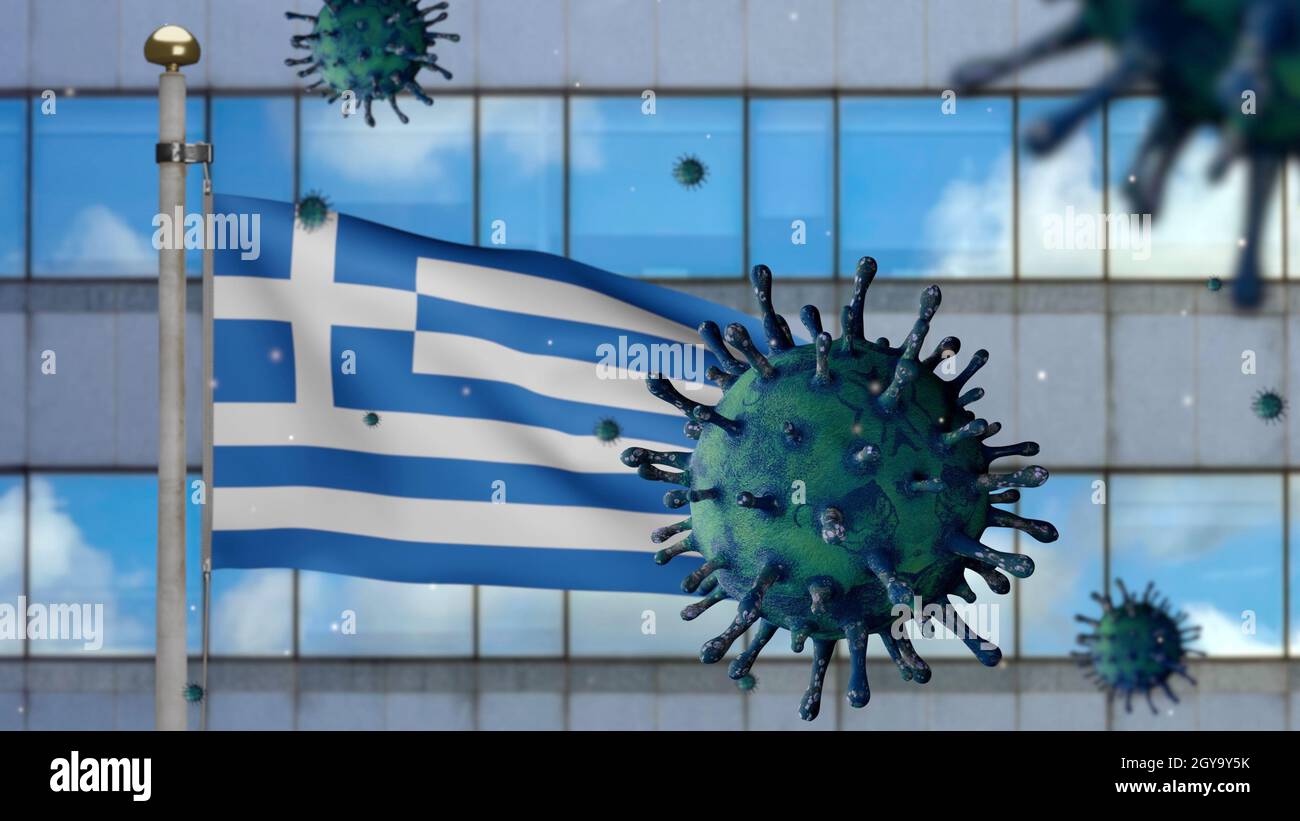 3D, Greek flag waving with modern skyscraper city and Coronavirus 2019 ...