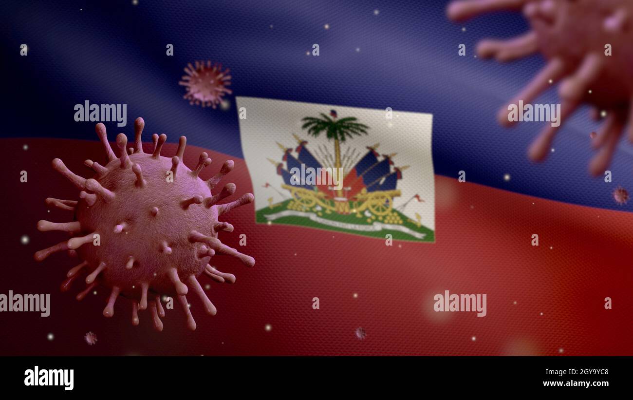 3D, Flu coronavirus floating over Haitian flag, a pathogen that attacks ...