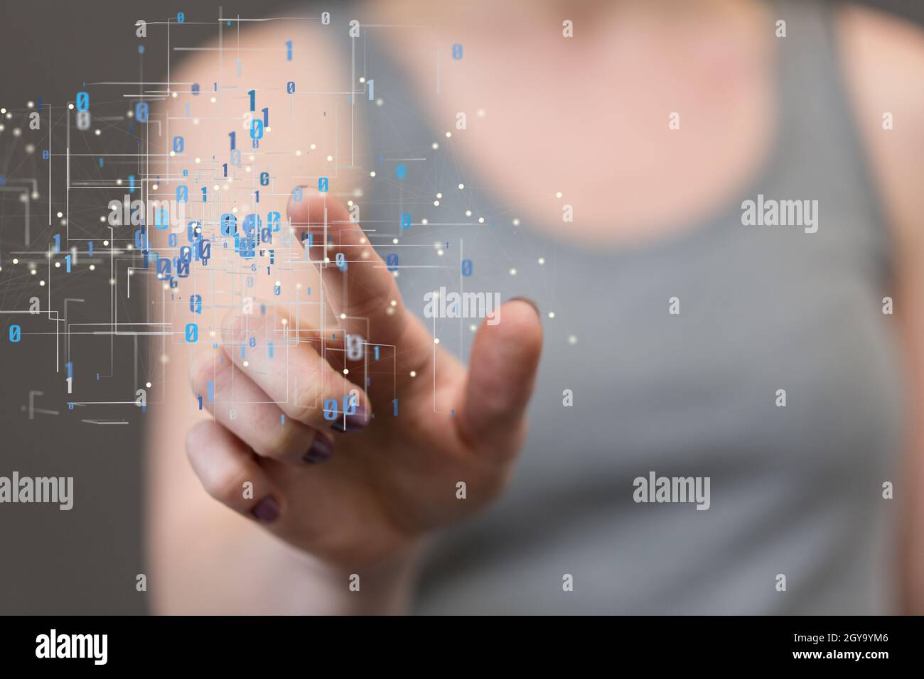 Conceptual wallpaper with floating numbers and a hand in the background ...