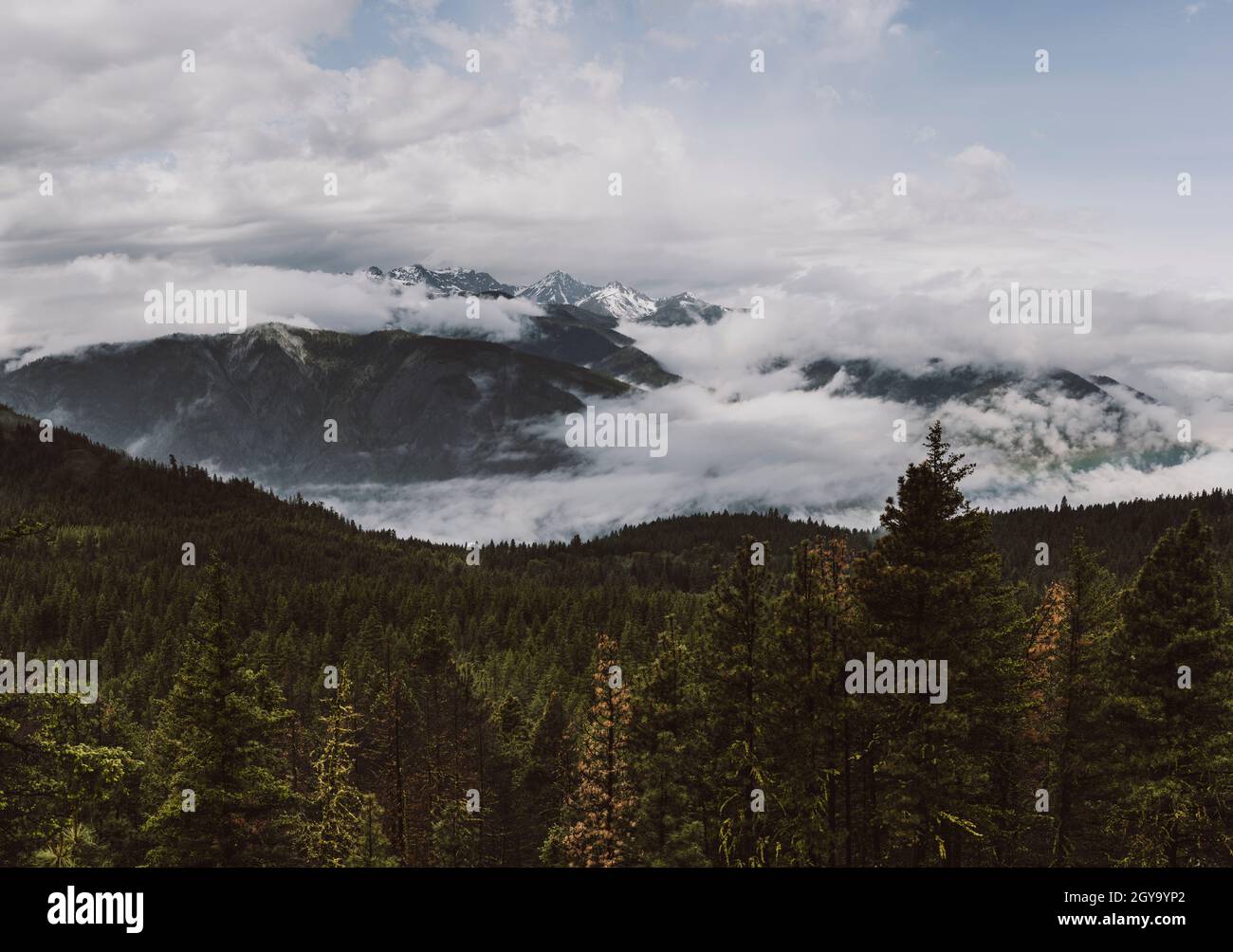 Scenic view overlooking valley with snowy mountains in the distance ...
