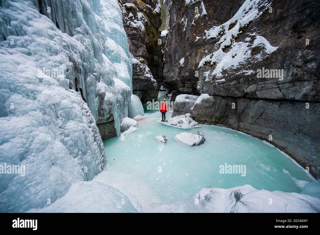 Hiking Through Frozen Maligne Canyon Stock Photo - Alamy