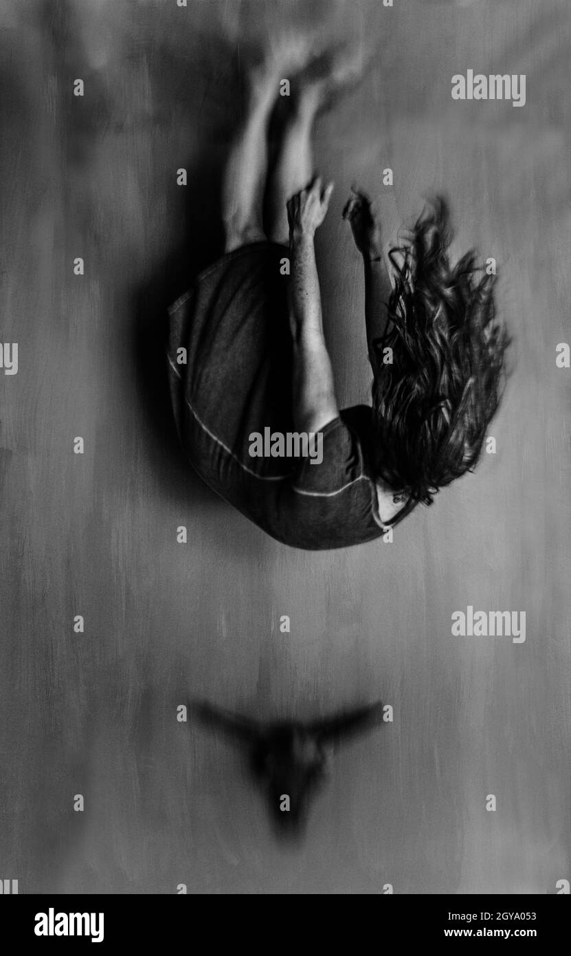 Fine Art Self Portrait of lady appearing to be falling from sky Stock ...