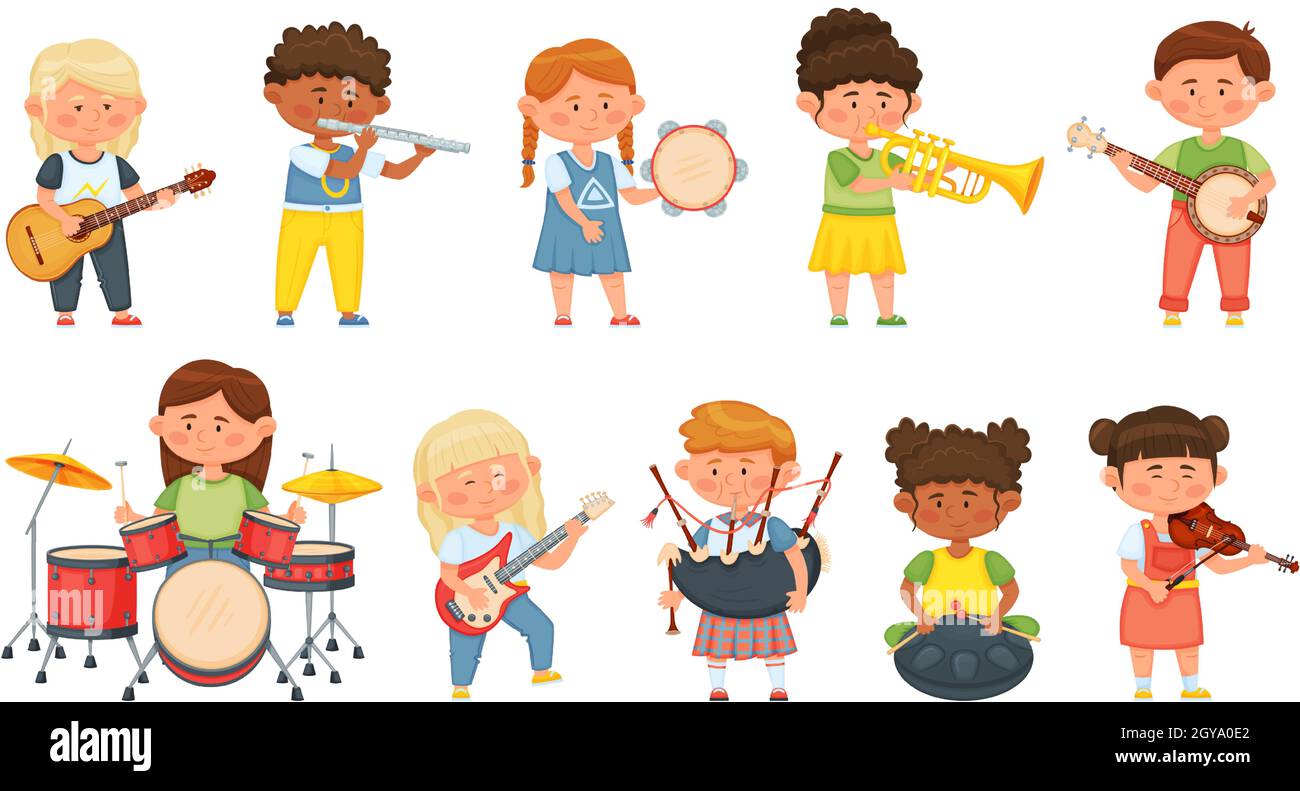 Kids playing musical instruments, children orchestra music hobby. Cute ... Kids playing musical instruments, children orchestra music hobby. Cute ...