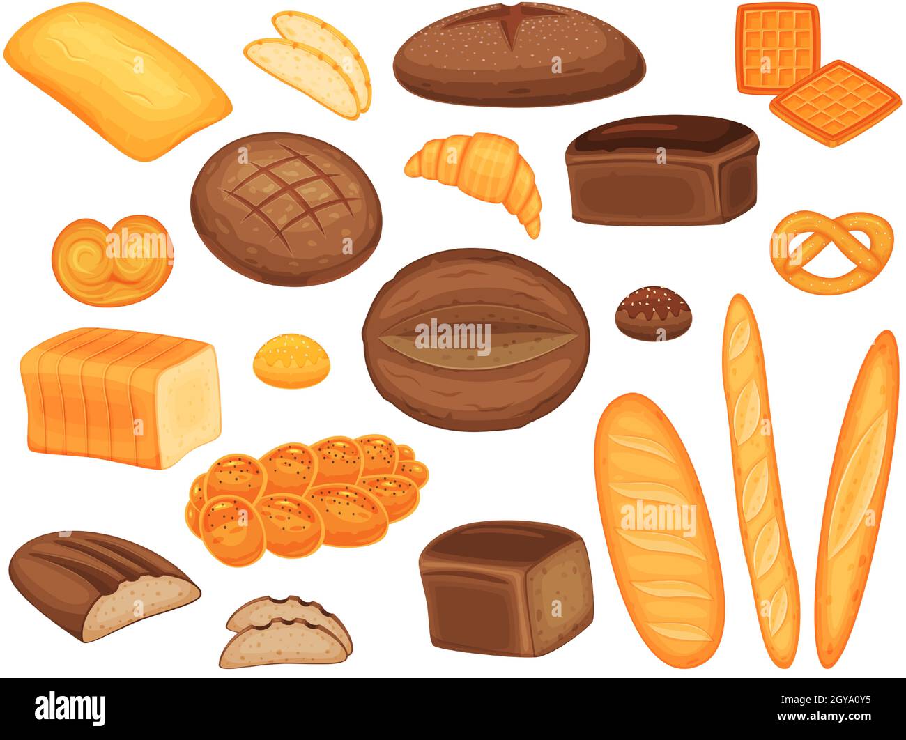 Cartoon bread, baguette, buns, pastry and bakery products. Fresh loaf ...