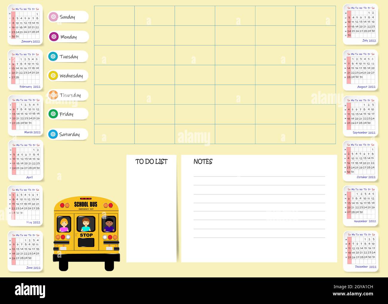 School weekly planner showing clear calendar for 2022 year and blank ...