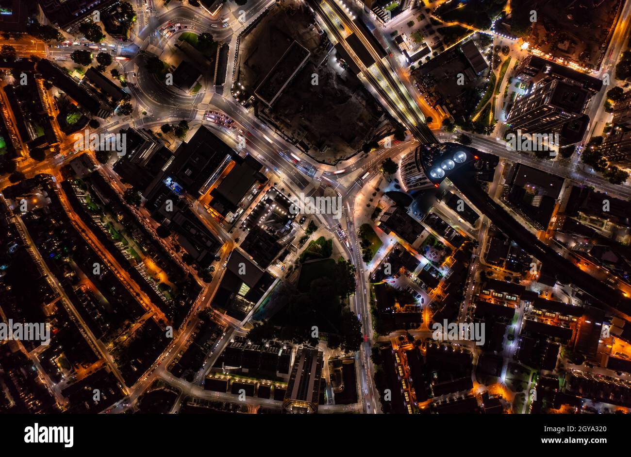 Birds eye view of tall financial and commercial buildings with shadow ...