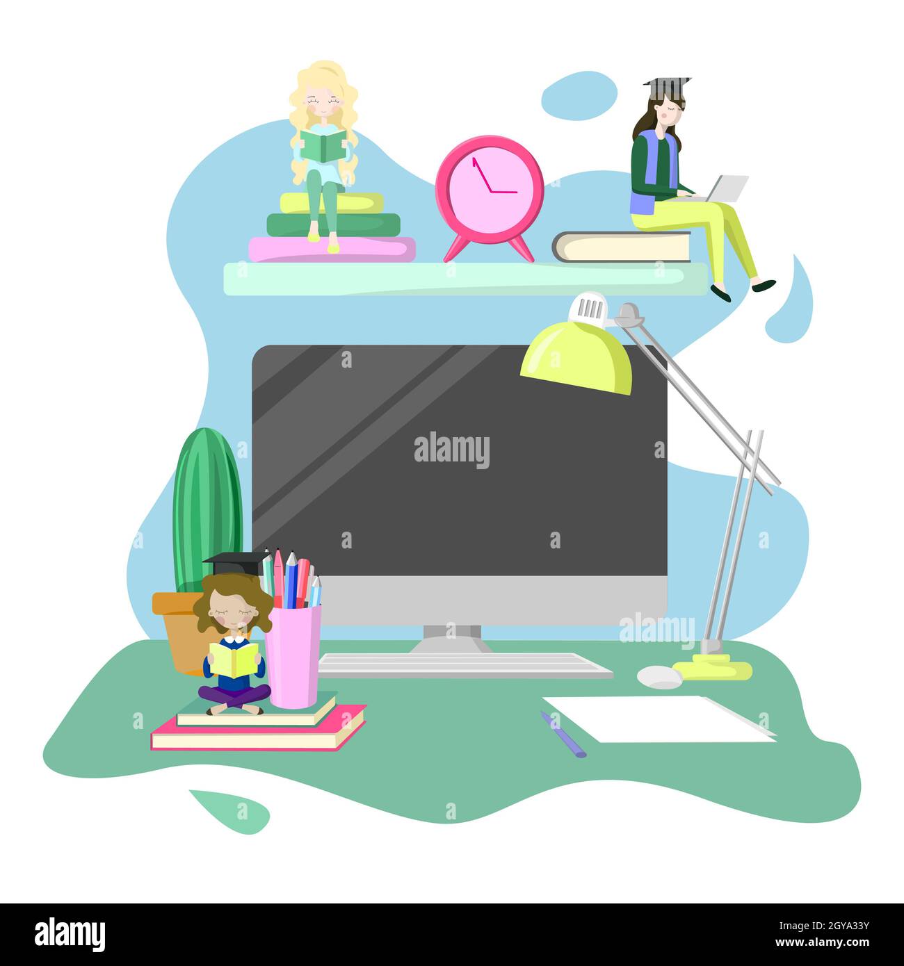 Schoolchildren and students doing homework, conceptual image - Vector ...
