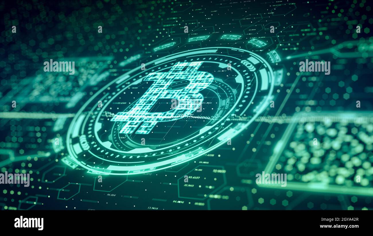 futuristic interface with the bitcoin symbol, concept of mining, crypto ...