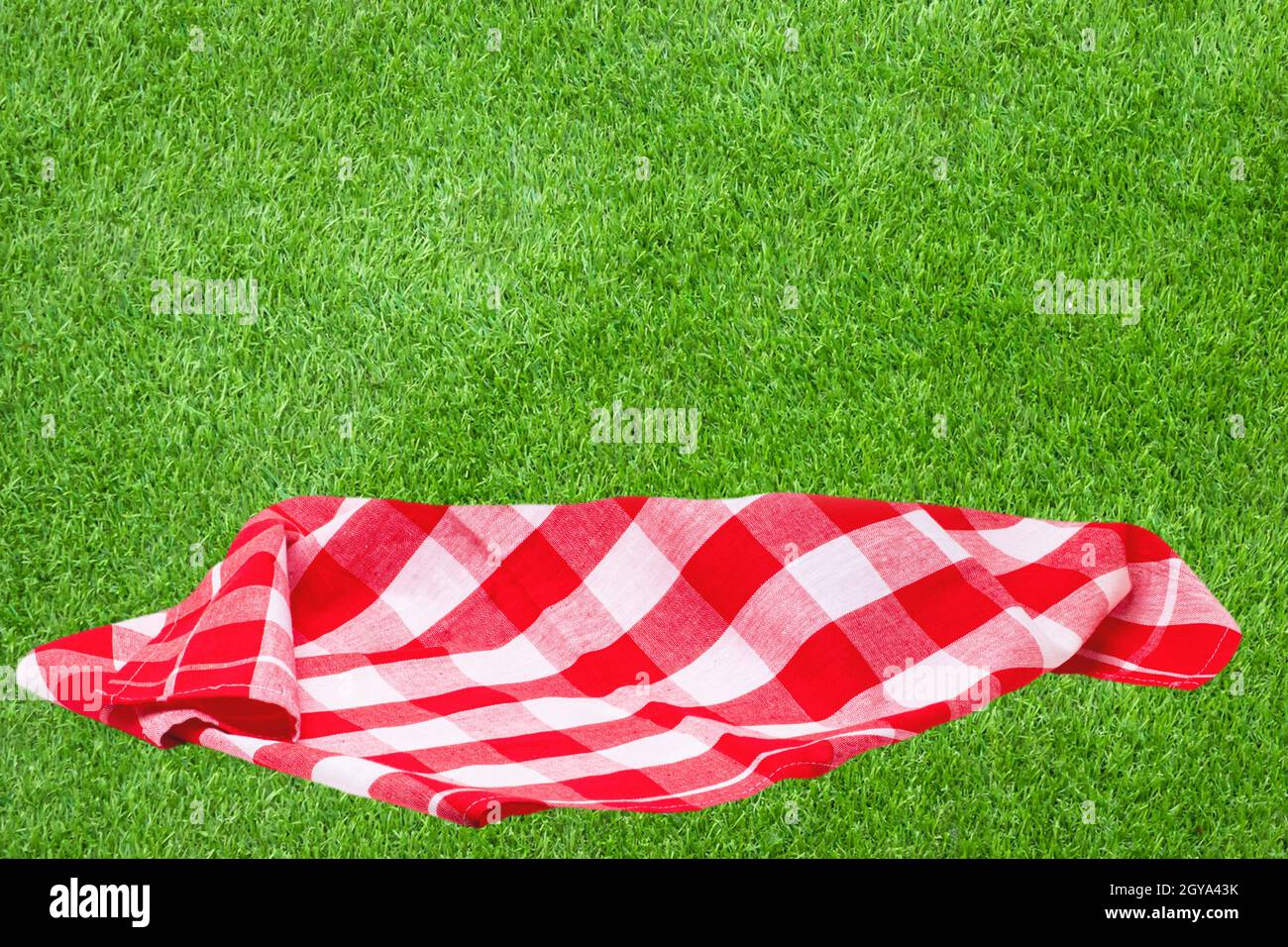 Picnic background. Red checkered picnic cloth on blurred sun-flooded ...
