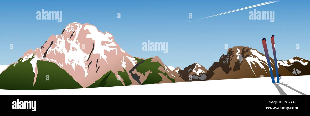 Panoramic sunny winter landscape alpine skiing - Vector illustration ...