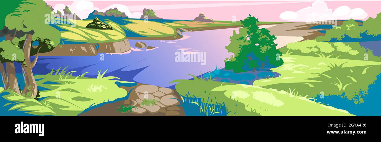 Panoramic realistic landscape, fast winding river - Vector illustration ...