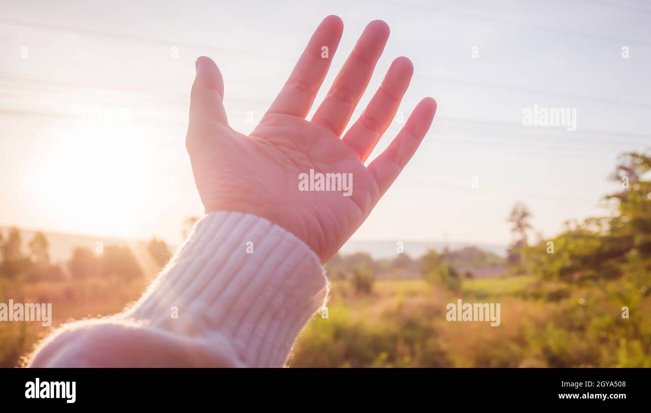 soft focus Woman hand reaching towards nature and sky Stock Photo - Alamy
