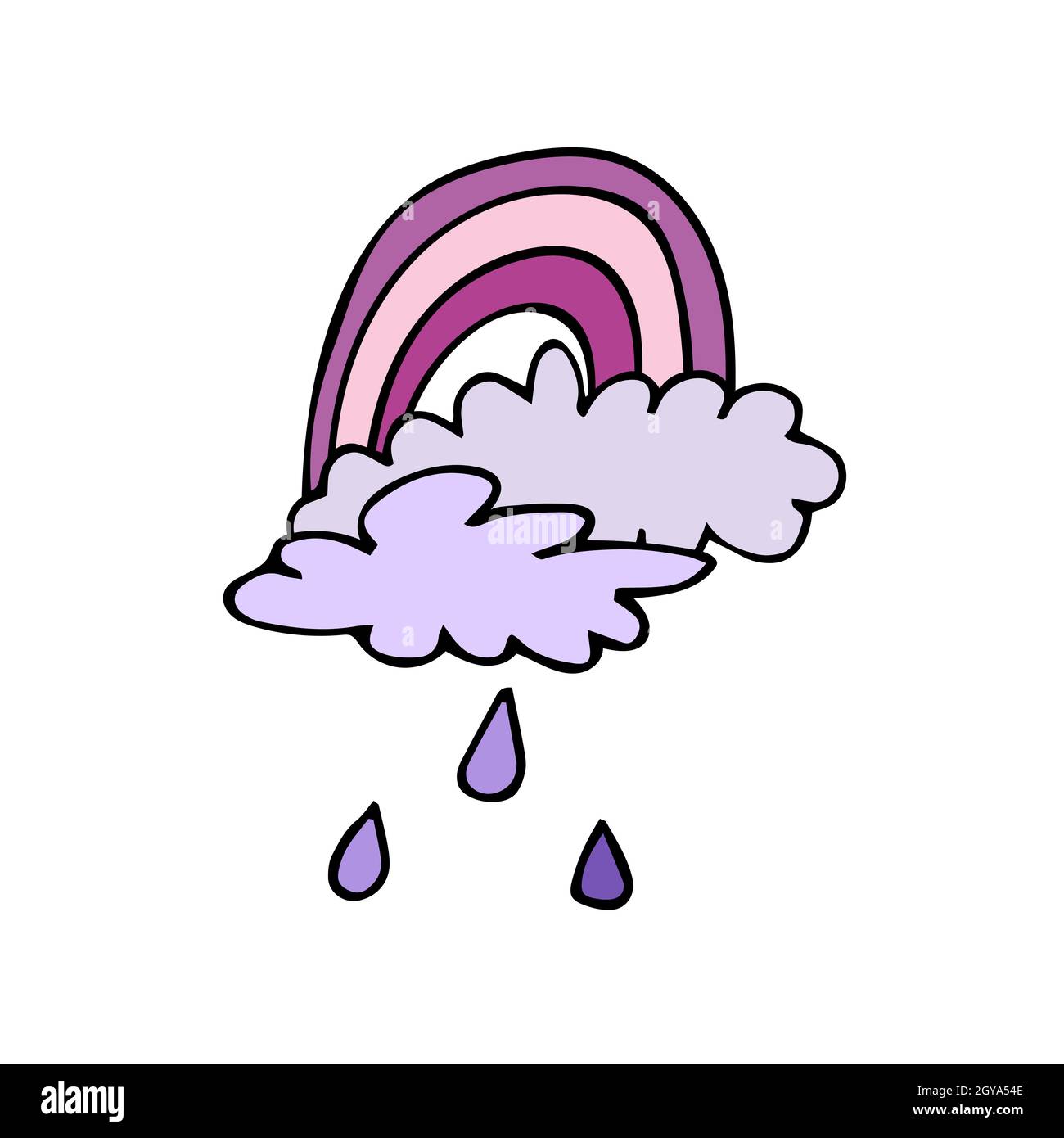 Graphic outline printing sign with pink rainbow, violet clouds and rain ...