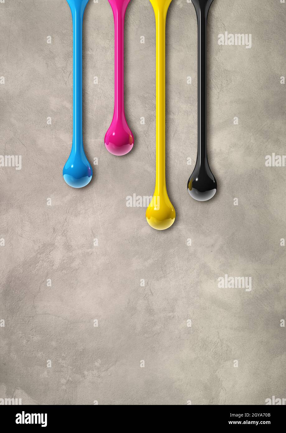 3D cmyk ink drops isolated on grey concrete background. Illustration ...