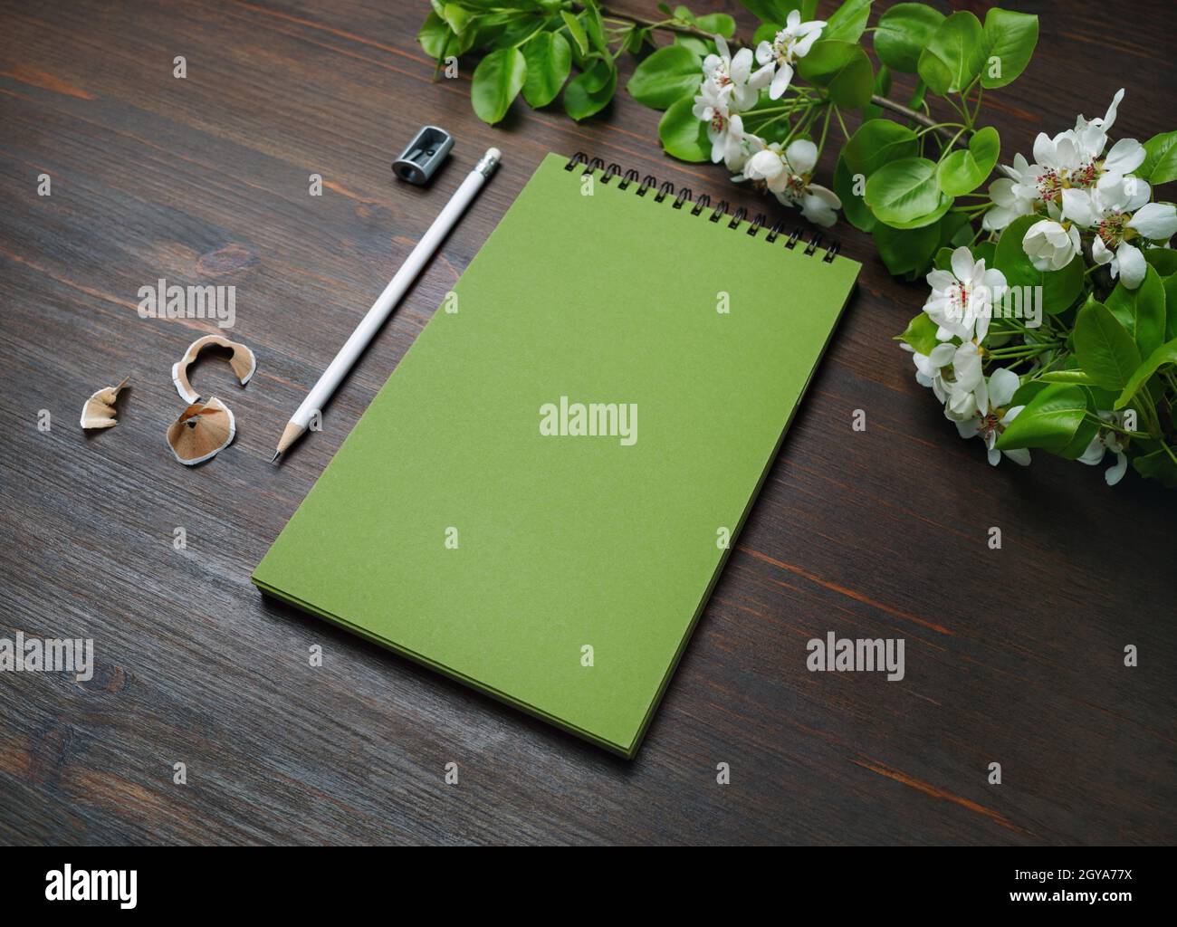 Blank green notepad, pencil, sharpener and flowers on wood table ...