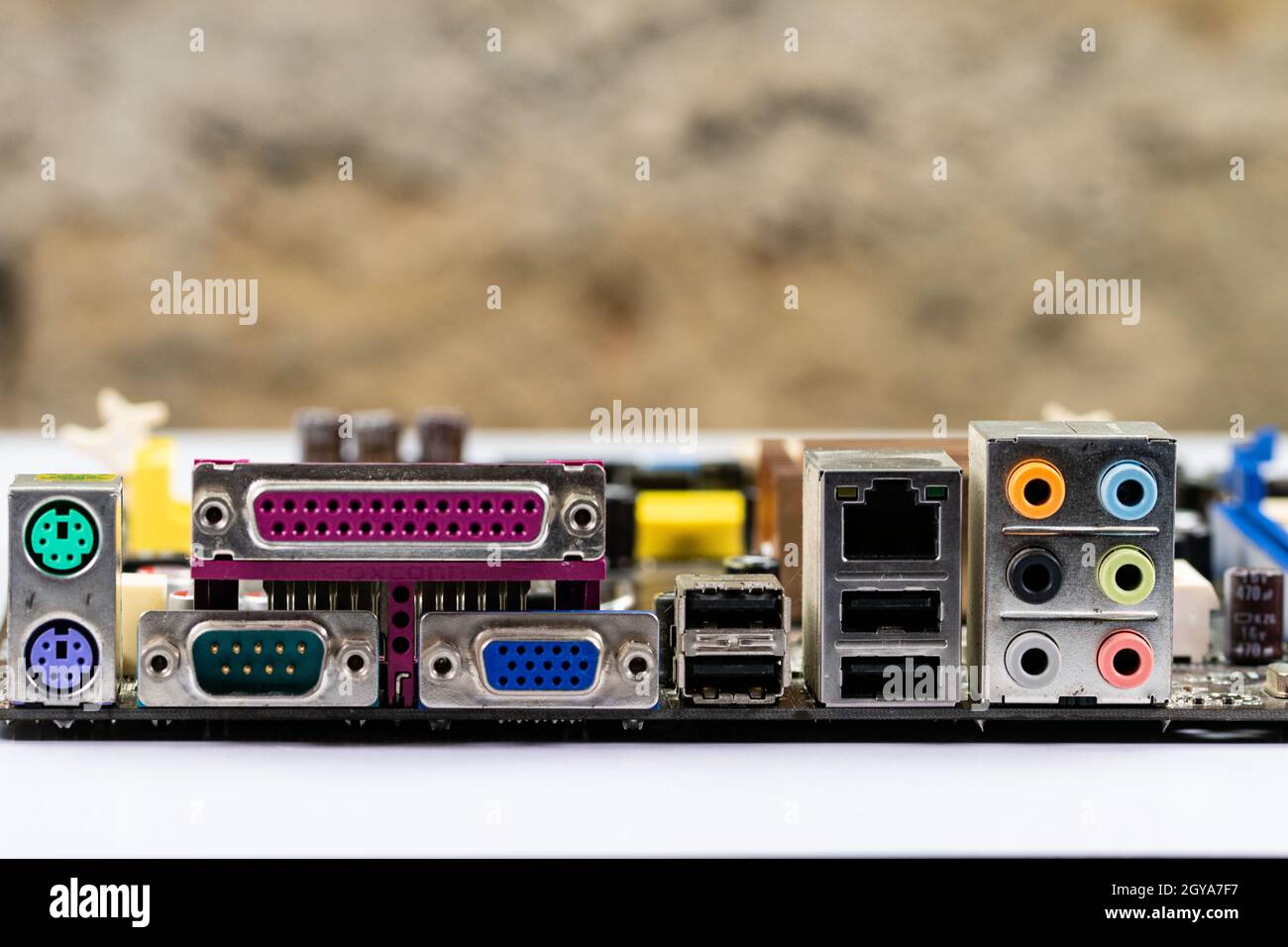 rear ports of a pc motherboard on a white plane Stock Photo - Alamy