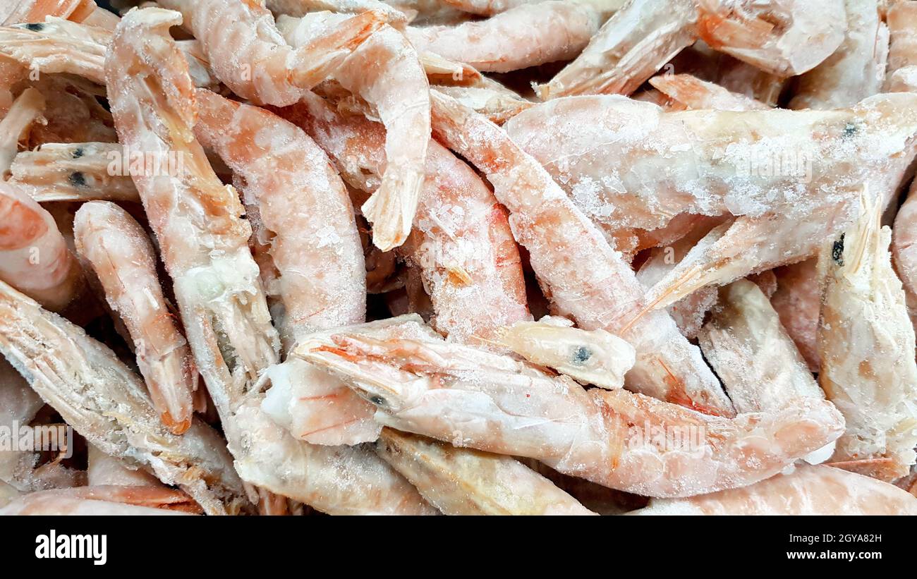 Frozen shrimps in ice. A lot of royal shrimp close-up Stock Photo - Alamy