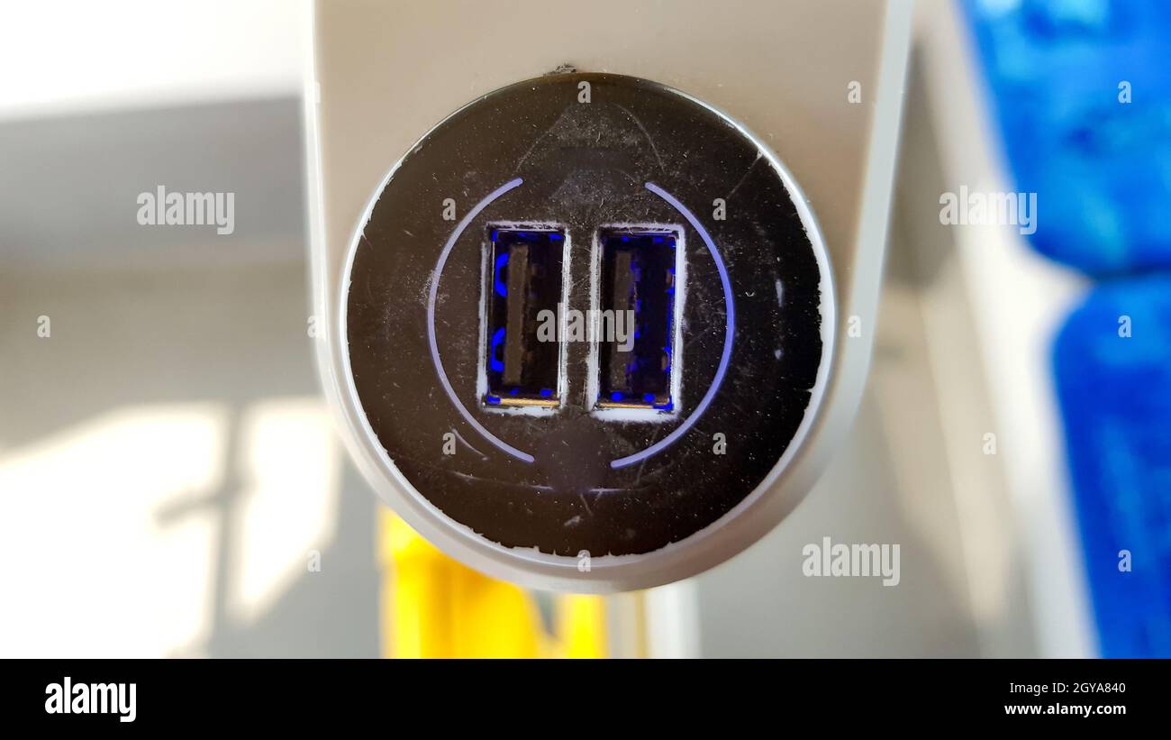 USB sockets in a tram car. USB port in a passenger carriage in Europe ...