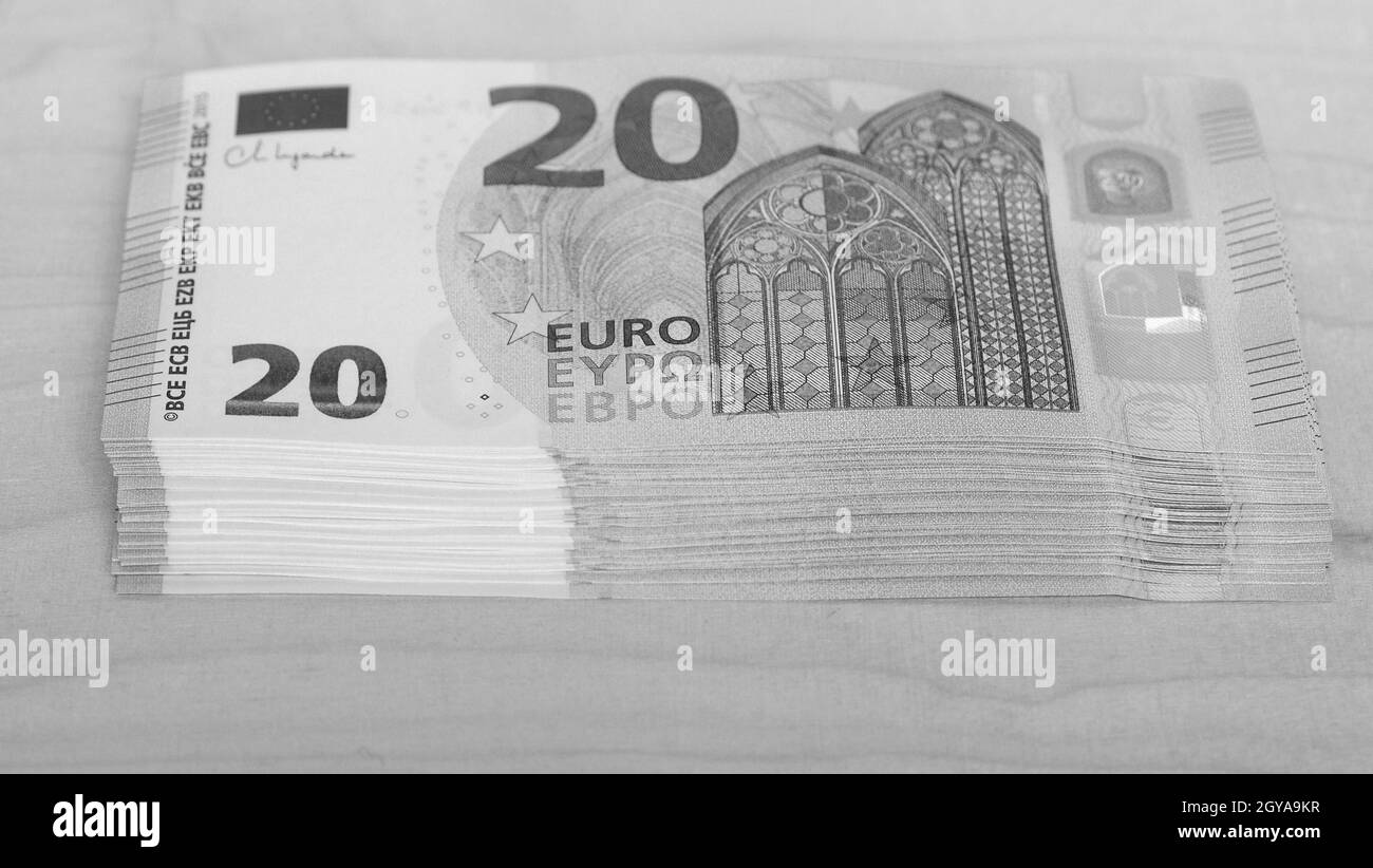 Euro banknotes and coins (EUR), currency of European Union in black and ...