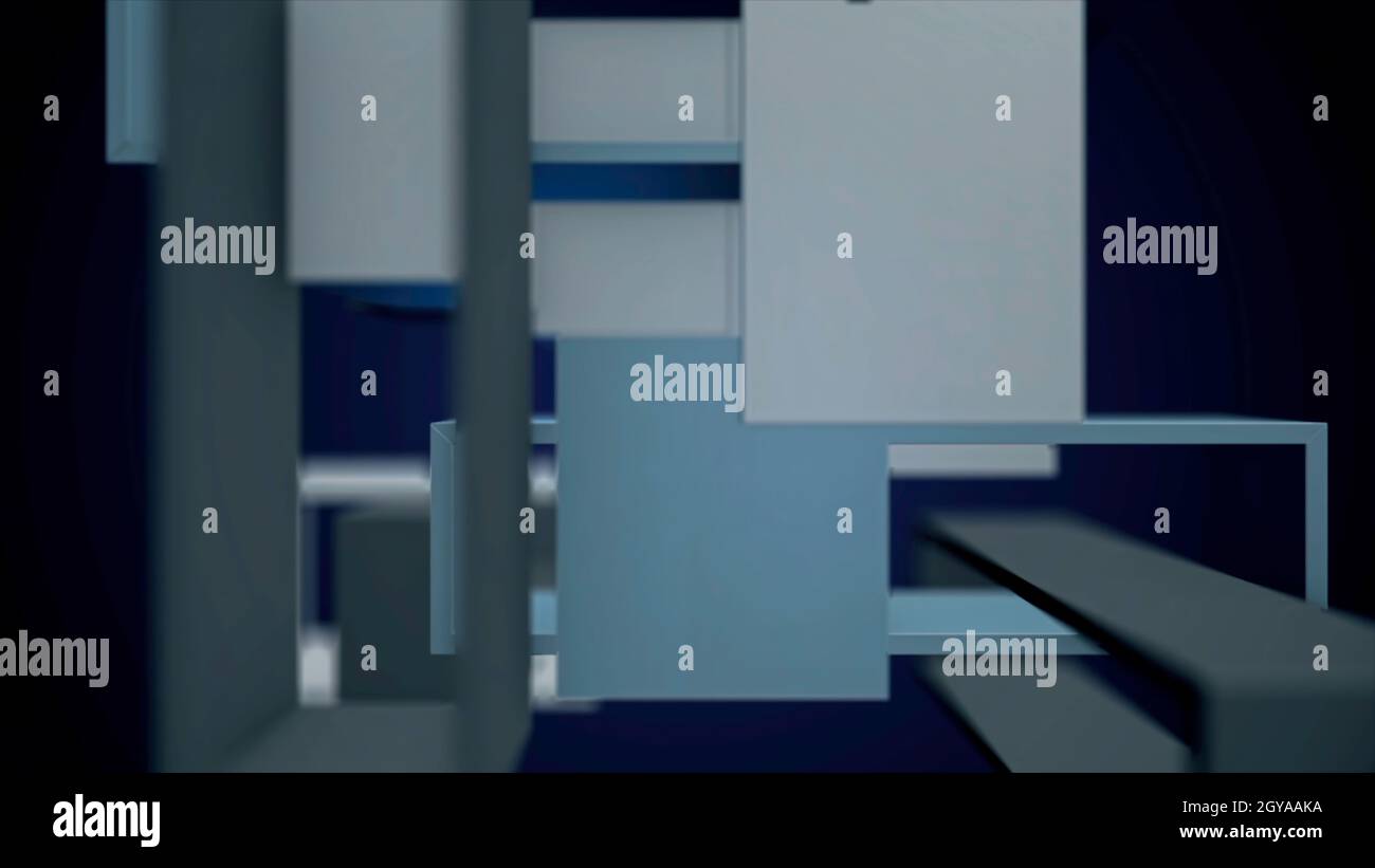 Abstract rectangular construction elements turning on their axis ...